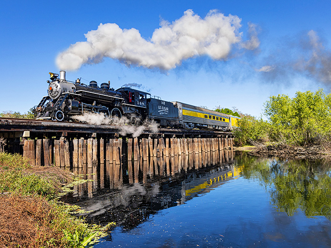 Steam and dreams collide as the Sugar Express crosses a wooden trestle, creating a scene straight out of a vintage postcard. Pure locomotive magic!