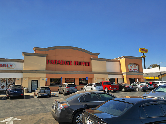 Paradise Buffet's unassuming strip mall exterior is like that friend who dresses plainly but always knows where to find the best food in town.