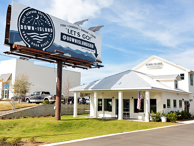 A coastal dream in white and blue, Down Island's exterior promises seafood adventures with its crisp architecture and welcoming porch.