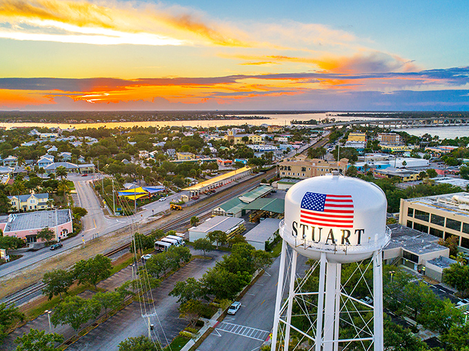 Stuart's iconic water tower stands sentinel over a town where sunsets paint the sky in colors that would make even Monet jealous.