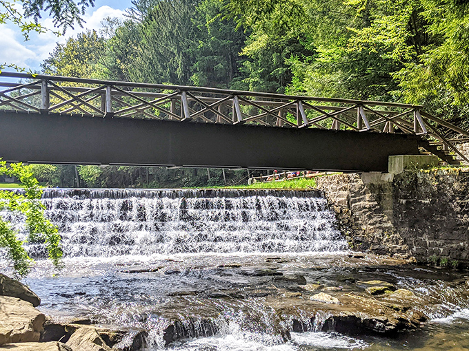 Nature's perfect postcard: a rustic bridge spans the cascading waters below, creating that "I should frame this" moment every Pennsylvania explorer craves.