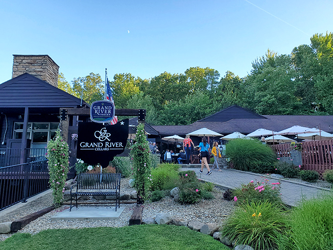A brick pathway lined with vibrant flowers leads to wine country paradise. Ohio's European escape awaits at the end of this inviting entrance.