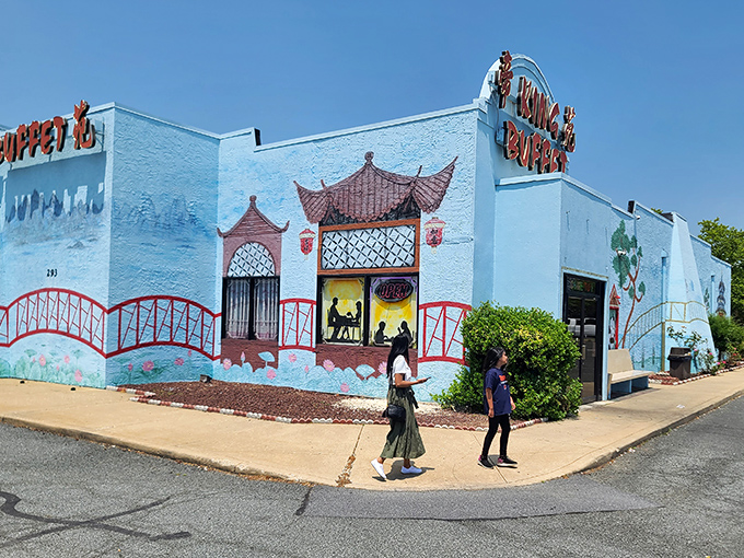 The blue exterior with its bold red signage promises abundance within, like a culinary oasis in Dover's landscape.