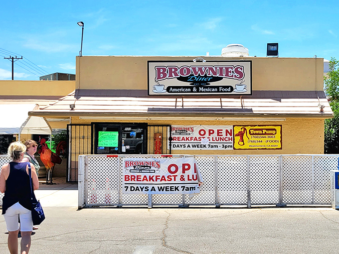 The unassuming tan exterior of Brownie's Diner stands like a beacon of breakfast hope in Brawley, promising American and Mexican delights seven days a week.