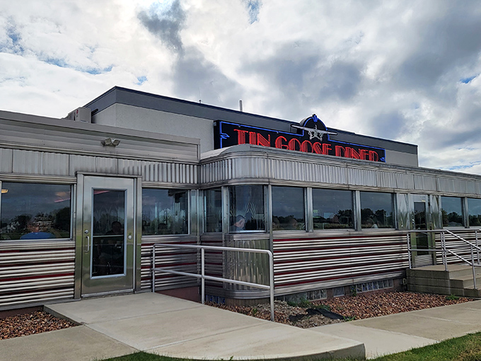 The gleaming stainless steel exterior of Tin Goose Diner shines like a beacon of breakfast hope against the Ohio sky. Time travel never looked so delicious.
