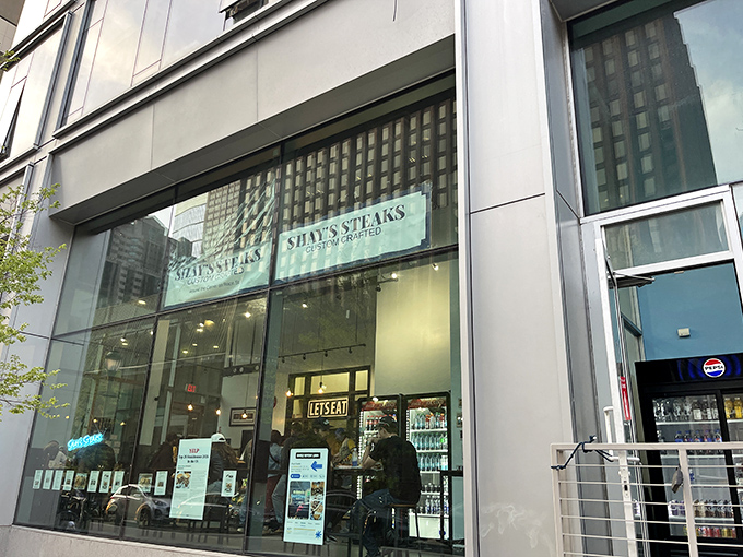 The sleek, modern storefront of Shay's Steaks stands out in Center City Philadelphia, where cheesesteak traditions meet contemporary design sensibilities.