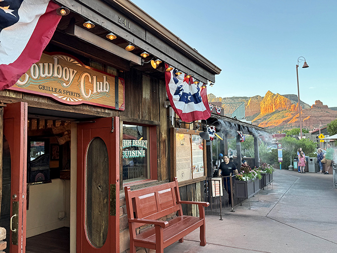 The Cowboy Club's rustic wooden exterior welcomes you like an old friend, with those magnificent Sedona red rocks playing backdrop to your culinary adventure.