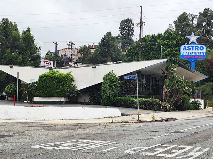 The unmistakable Googie architecture of Astro Family Restaurant stands like a mid-century spaceship that landed in Silver Lake and decided to serve breakfast instead.