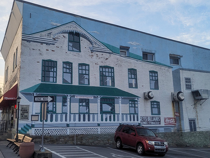 The historic white brick building with teal accents stands as Martinsburg's breakfast beacon, promising comfort food and small-town charm inside those welcoming walls.