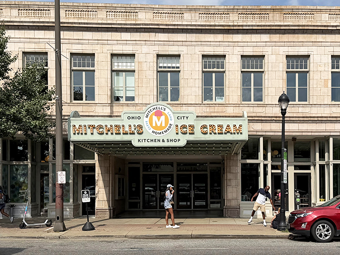 The marquee lights of Mitchell's flagship store transform an ordinary Cleveland evening into an ice cream pilgrimage destination worth writing home about.