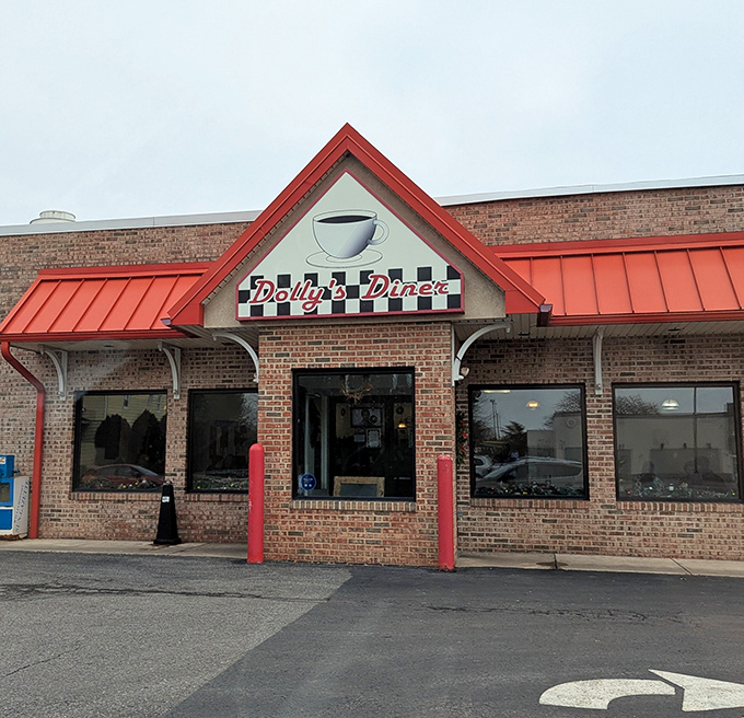 The classic brick fa&ccedil;ade and cherry-red roof of Dolly's Diner stands like a beacon of breakfast hope on East Third Street in Williamsport.