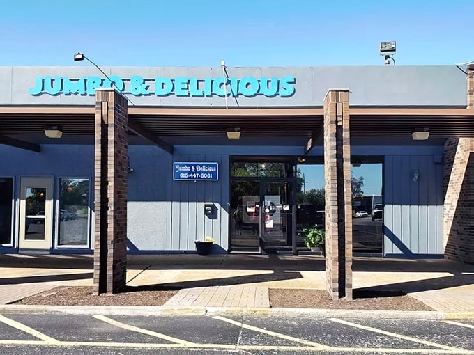 The blue sign says it all &ndash; Jumbo & Delicious isn't trying to be fancy, just fantastic. Sometimes the most memorable meals hide behind the most unassuming storefronts.