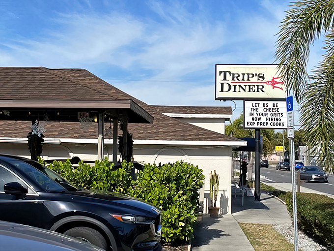 Trip's Diner welcomes hungry patrons with its unassuming charm and promise of "BREAKFAST ALL DAY" &ndash; words that should be on the Florida state flag.