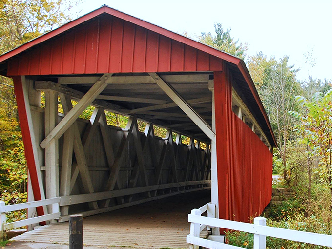 The classic red exterior with white trim isn't just for show&mdash;these colors helped protect the wood while making the bridge visible to approaching travelers.