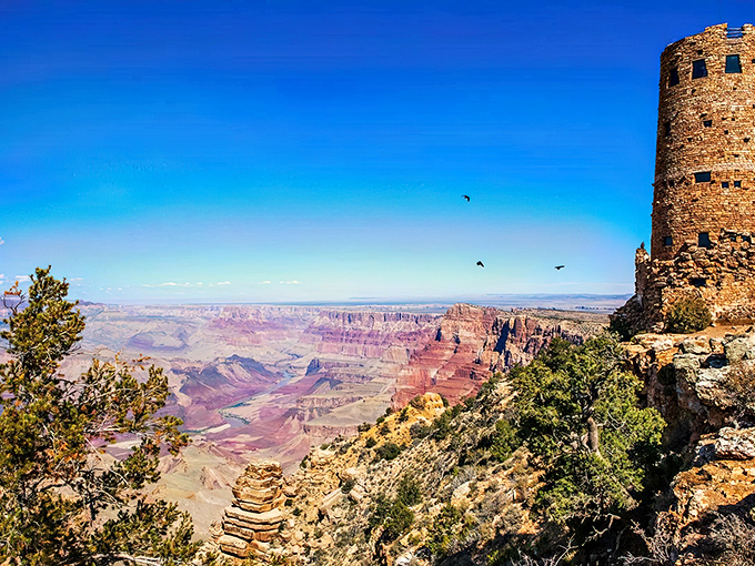 The Desert View Watchtower stands sentinel at the canyon's edge, where ancient architecture meets nature's grandest sculpture studio.