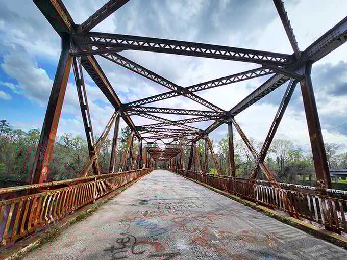 The rusted skeleton of Ellaville's old bridge stands like a time portal, inviting brave explorers to cross into Florida's forgotten past. 