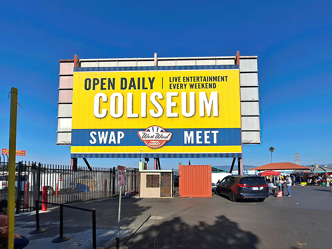 The iconic yellow and blue sign welcomes bargain hunters to Oakland's treasure trove. Like a Vegas marquee for the thrift-obsessed!