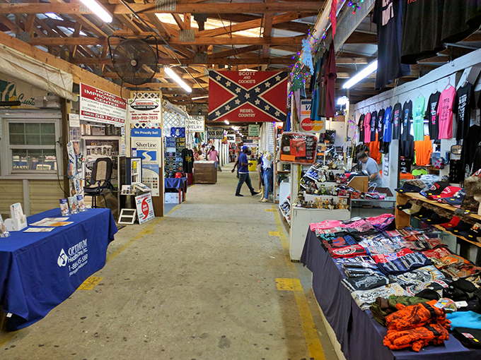 Treasure hunting begins here! Navigate these bustling aisles where Confederate flags and neon t-shirts coexist in Florida's most democratic shopping experience. 