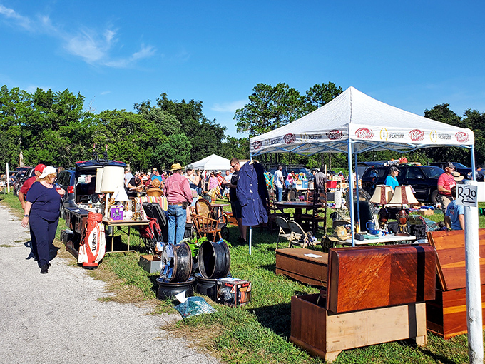 Blue skies and bargain hunters converge at Swap-O-Rama, where Florida's treasure seekers navigate a sea of possibilities under perfect clouds.