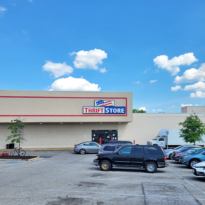 The unassuming exterior of Red White & Blue Thrift Store &ndash; like a humble librarian who secretly knows how to wrestle alligators.