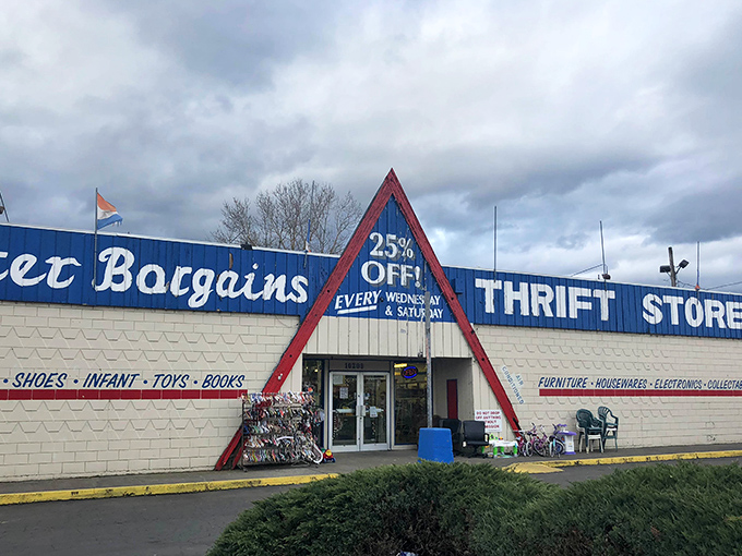 The iconic A-frame entrance of Better Bargains beckons like a blue-and-red lighthouse for the bargain-hungry souls of Portland.