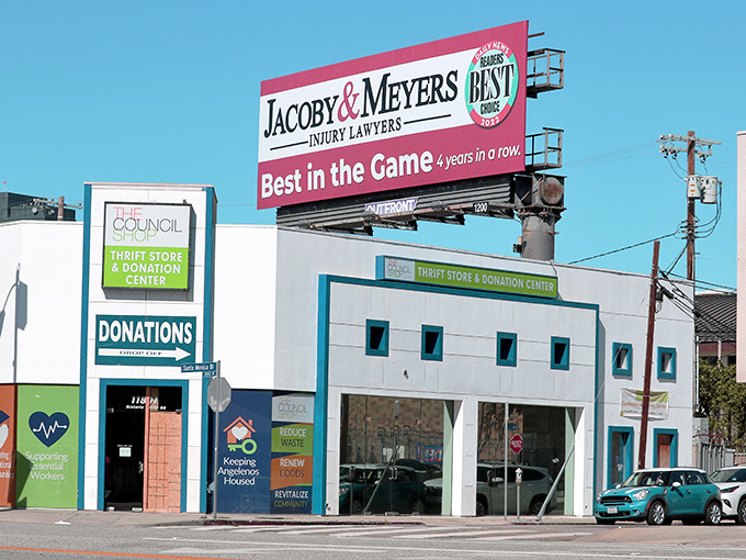 The Council Shop's colorful exterior promises adventures in bargain hunting that await just beyond those welcoming doors.