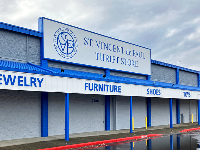 The blue-trimmed facade of St. Vincent de Paul isn't just a storefront&mdash;it's a portal to treasure hunting adventures that won't break the bank.