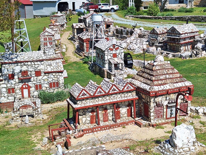 A miniature metropolis where the buildings might be small, but the craftsmanship is enormous. Stone houses with distinctive red trim create a whimsical landscape. 