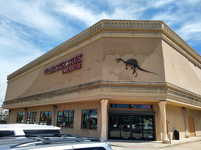 The tan exterior of The Dinosaur Store in Cocoa Beach announces its prehistoric treasures with a skeletal silhouette that practically screams, "Yes, we have dinosaurs!"