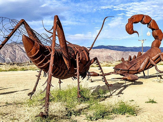 Massive metal creatures rise from the desert sands, blending art and nature in a breathtaking display of imagination and creativity.
