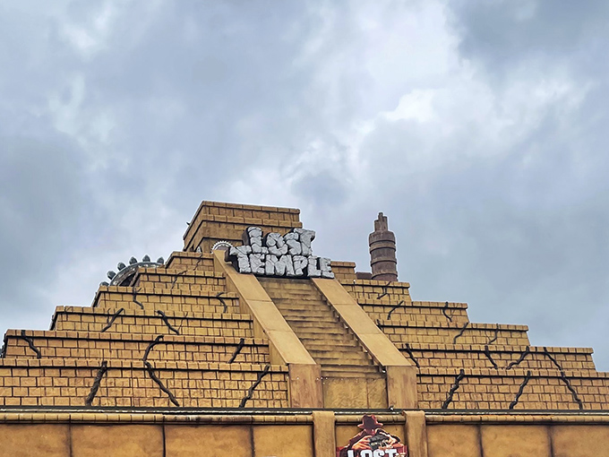 The ancient world meets the Midwest at The Lost Temple, where this impressive Aztec-inspired pyramid stands defiantly against Wisconsin skies.