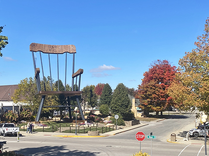 Standing tall against the Illinois sky, this 56-foot rocking chair makes you feel like you accidentally shrunk yourself in a laundry mishap.