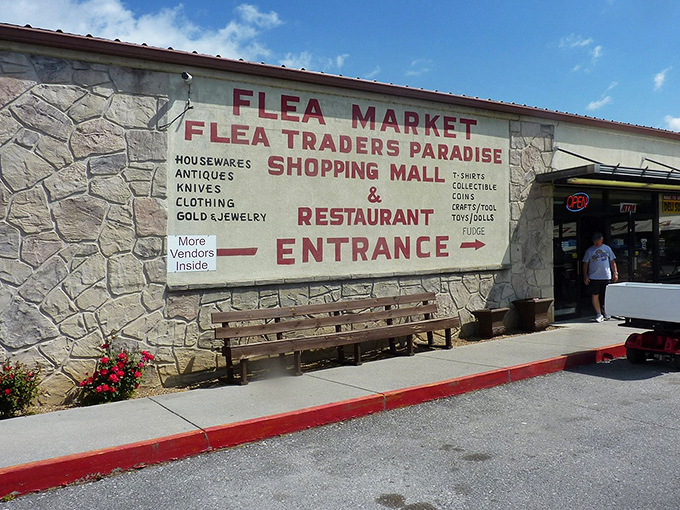 The unassuming exterior of Flea Traders Paradise belies the treasure trove waiting inside. That neon "OPEN" sign might as well say "Adventure Starts Here."