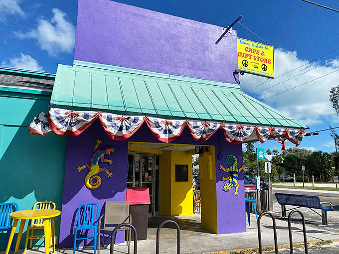 The purple exterior of Ginny's & Jane E's isn't just a building&mdash;it's a mood announcement. Florida sunshine meets artistic whimsy in this color-drenched island landmark.