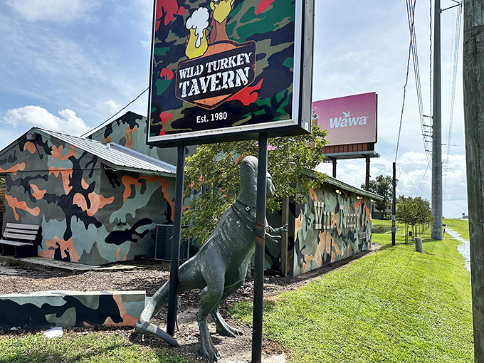 Camouflage never looked so appetizing! This military-inspired exterior with its dinosaur sentinel practically screams "adventure awaits inside."