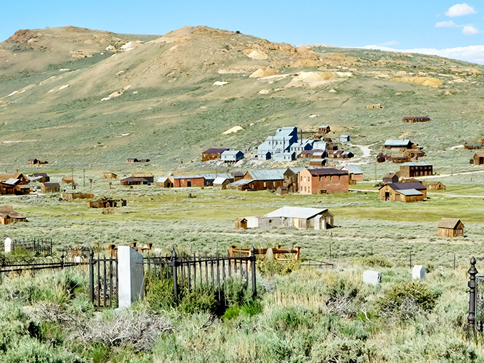 Bodie spreads across the high desert like a forgotten movie set, complete with cemetery gates and endless stories.