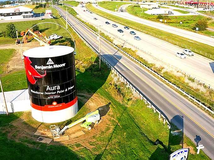 The ultimate roadside eye-catcher: Benjamin Moore's giant paint can towers majestically alongside I-81, making ordinary billboards seem like postage stamps by comparison.