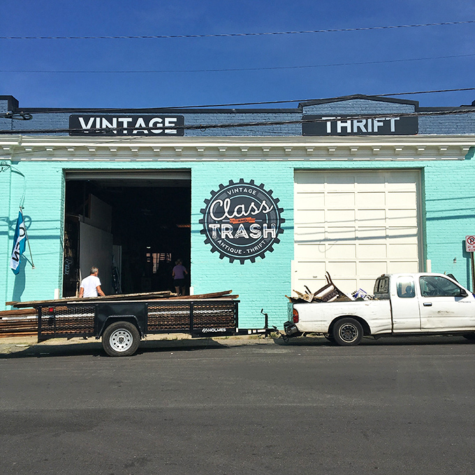 The turquoise facade of Class and Trash stands out in Scott's Addition like a peacock at a pigeon convention, beckoning vintage hunters inside.