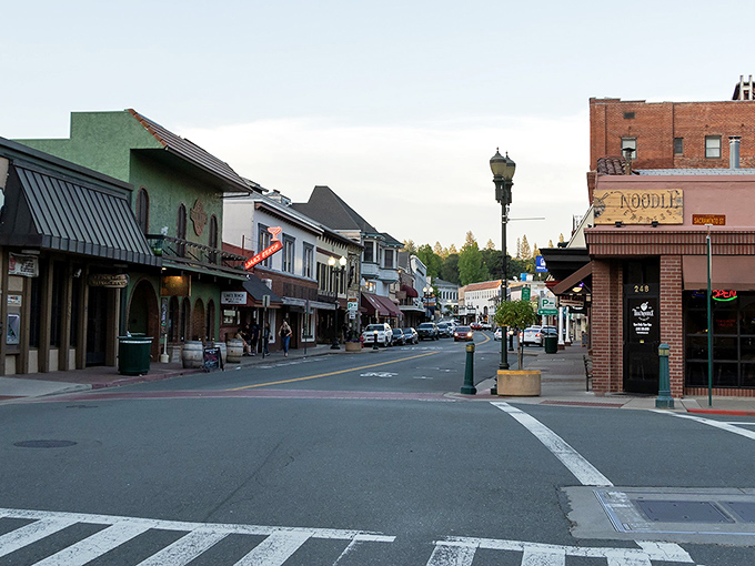 Main Street Placerville welcomes visitors with its historic storefronts and vintage lampposts, a living postcard from California's Gold Rush era.