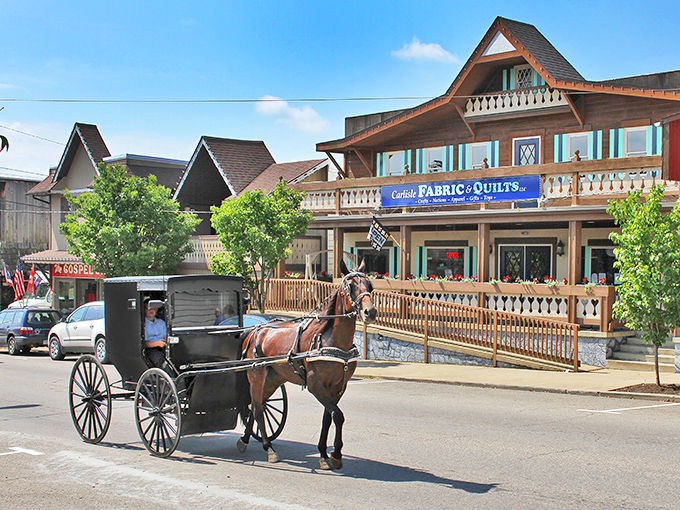 Downtown Sugarcreek's Swiss-inspired architecture creates a storybook setting where horse-drawn buggies still clip-clop past colorful storefronts, making you wonder if your GPS secretly transported you to Europe.