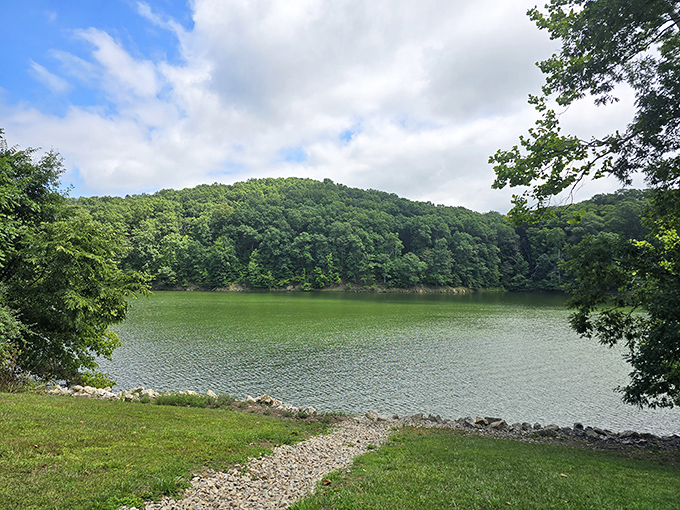 Lake Vesuvius mirrors the surrounding hills like nature's own Instagram filter. The stillness here speaks volumes about Ohio's hidden tranquility.