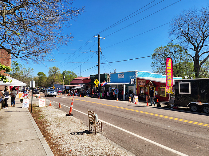 Main Street comes alive during festival season, where locals and visitors mingle under Missouri's impossibly blue skies. Small-town America at its most authentic.
