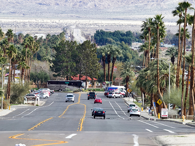 Palm trees standing like sentinels against mountain backdrops &ndash; Borrego Springs' main drag offers that perfect "I've escaped civilization" feeling without actually roughing it.