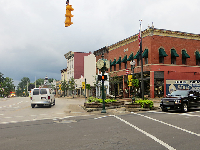 Downtown Geneva's vintage street clock stands sentinel over brick-lined streets that could double as a movie set for "Small Town America: The Director's Cut."