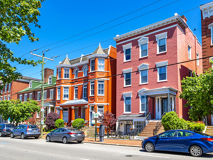 The Fan District's colorful row houses stand like a box of architectural crayons spilled across Richmond's most charming neighborhood. Southern charm meets urban sophistication.