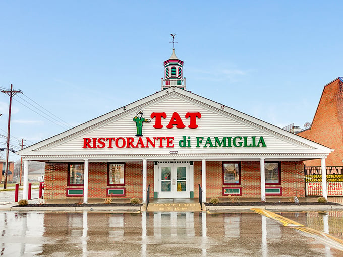 The iconic white colonial facade of TAT Ristorante Di Famiglia stands proudly in Columbus, like an Italian flag planted firmly in Ohio soil.