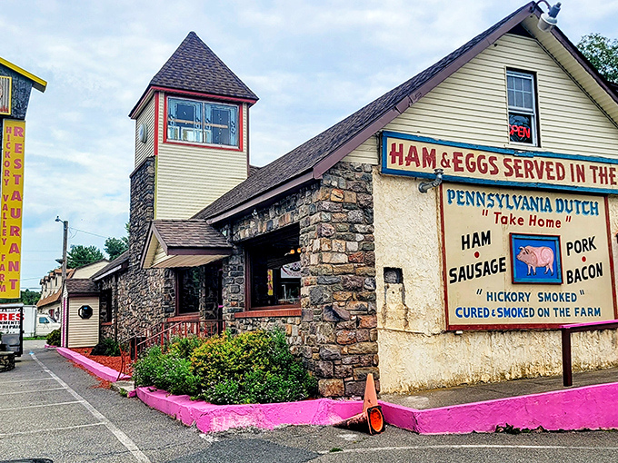 The stone facade and pink trim of Hickory Valley Farm Restaurant stand out like Broadway lights in the Pocono Mountains&mdash;a delicious prelude to what awaits inside.