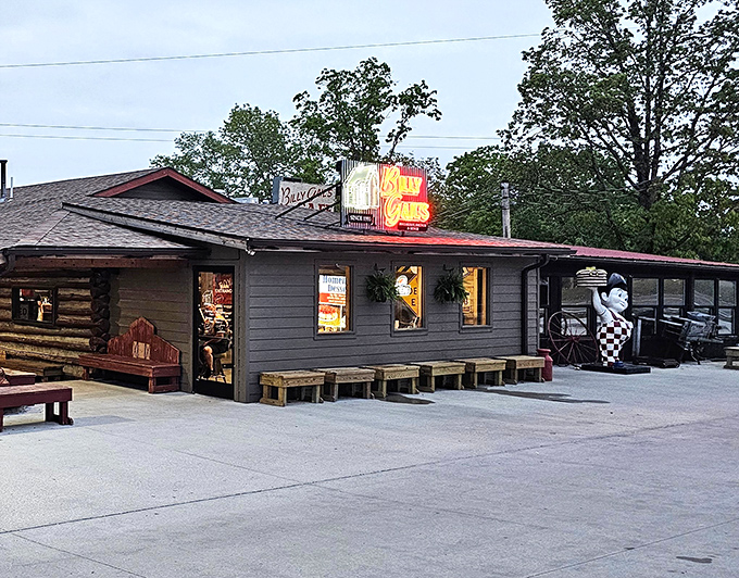 The unassuming log cabin exterior of Billy Gail's belies the breakfast magic happening inside. Like finding a treasure chest disguised as a toolshed.