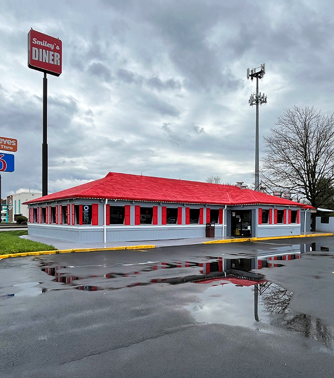 The iconic red roof of Smiley's Diner stands out like a beacon of breakfast hope on even the gloomiest Delaware morning.