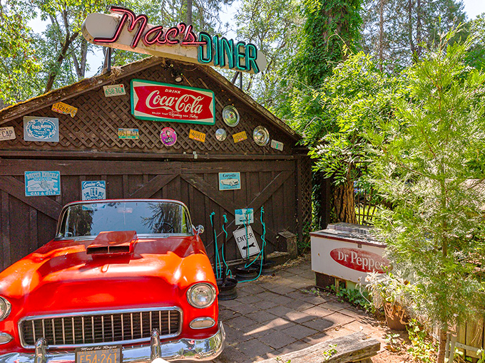The time machine exists! Mac's vintage exterior with its classic red Chevy and nostalgic signage transports you to an era when diners were America's living rooms.